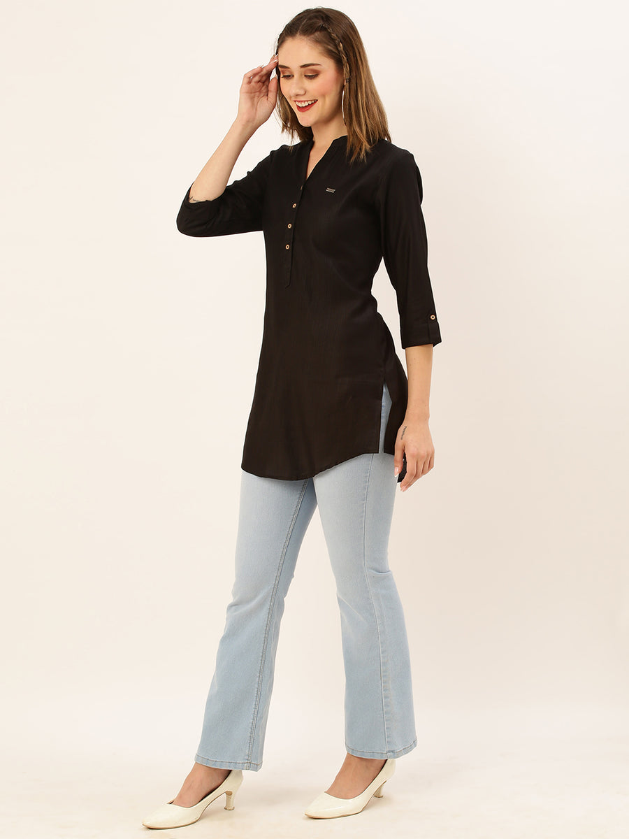 Rayon Self Design Black Straight Tunic For Women