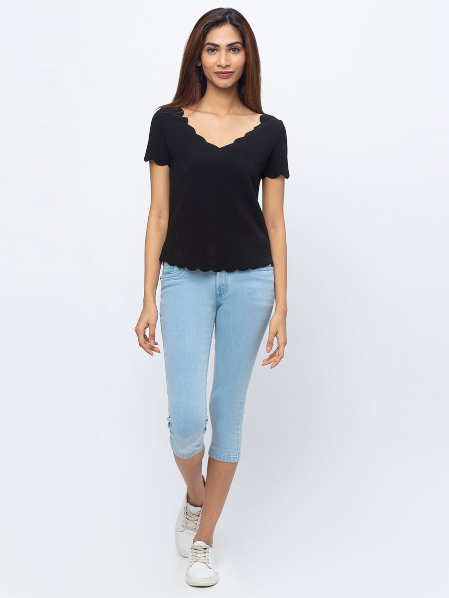 Ice Blue Pencil Fit Culottes Length Denim Capris For Women – Zola