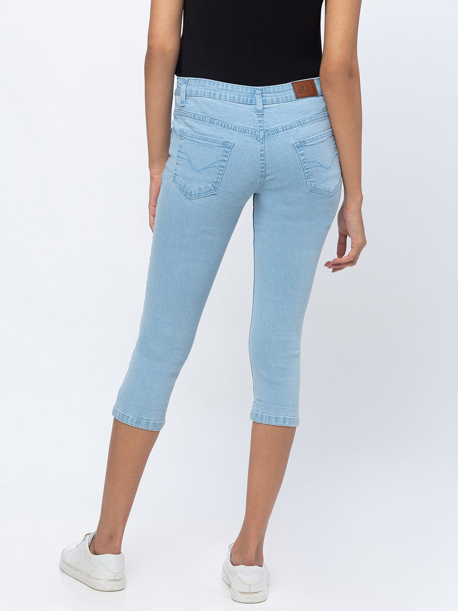 Ice Blue Pencil Fit Culottes Length Denim Capris For Women – Zola